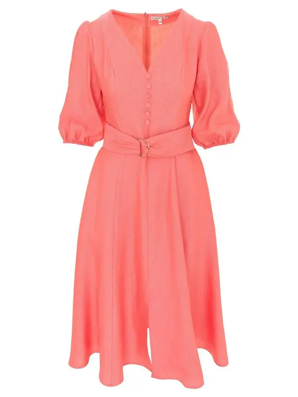 NORIA ANIS Marie-louise Puff-sleeve Linen Midi Dress - Pink/rose Gold