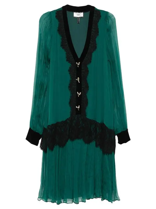 NISSA Lace Insert Silk Midi Dress - Green
