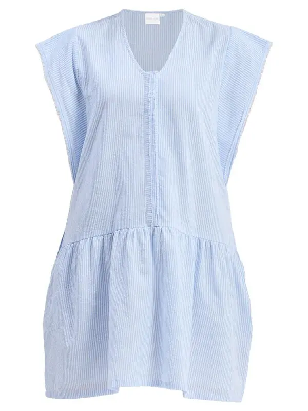 REISTOR Oversized V-neck Striped Dress - Blue