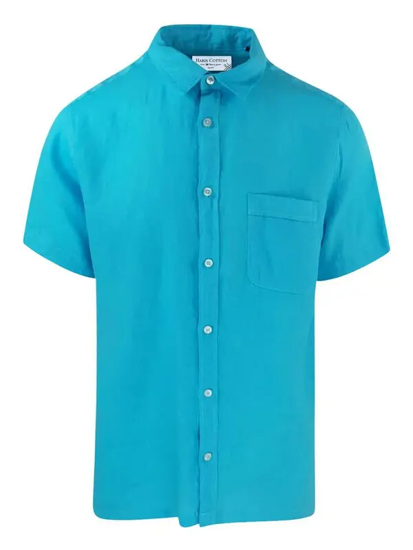Haris Cotton Short Sleeved Front Pocket Linen Shirt- Crystal - Blue