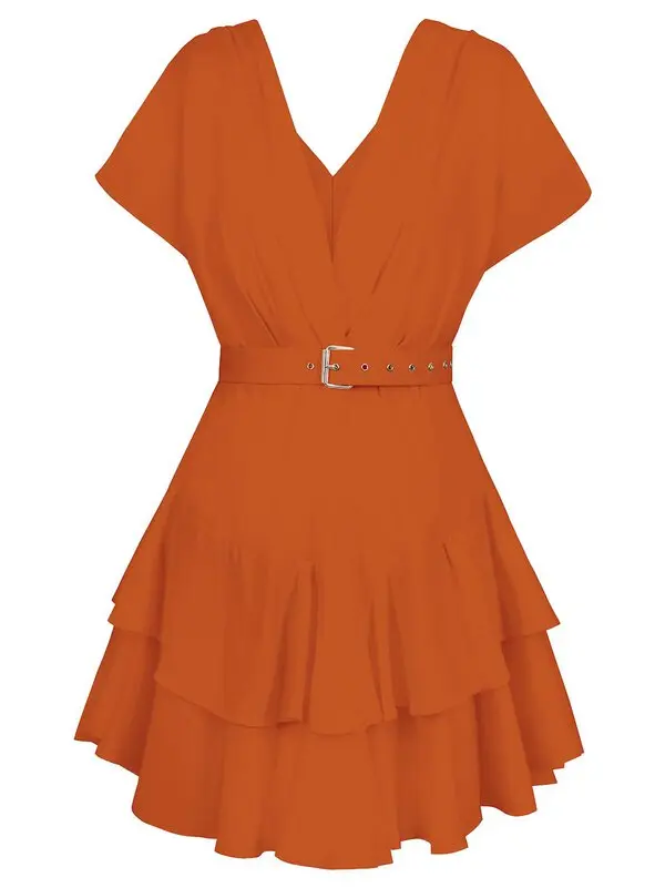 ALINA CERNATESCU Linen Bamboo Cocktail Midi Dress With Belt - Orange