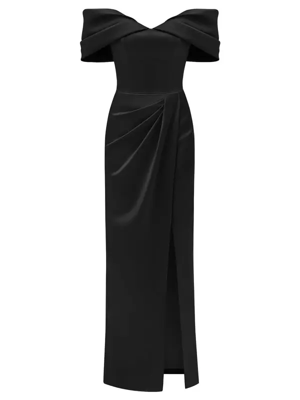 TIA DORRAINE Draped Satin Maxi Dress - Black