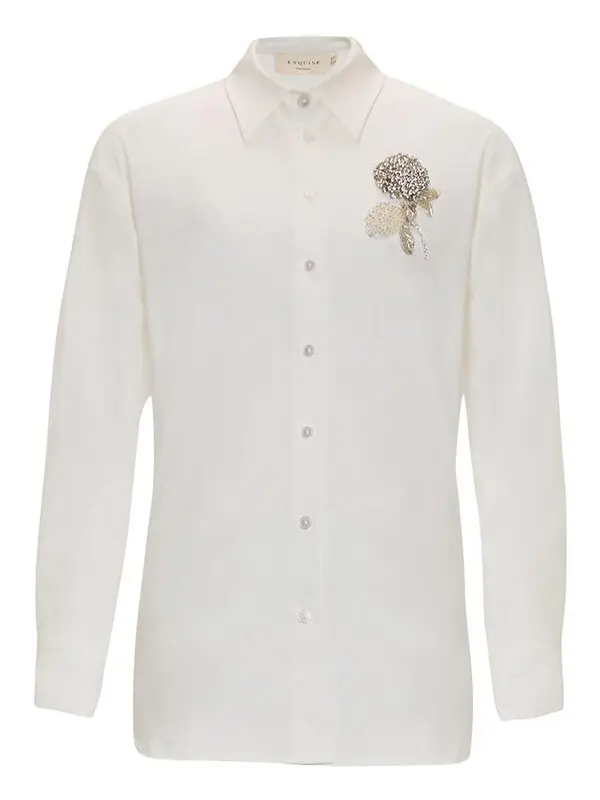 EXQUISE Floral Bead Embellished Shirt - Beige
