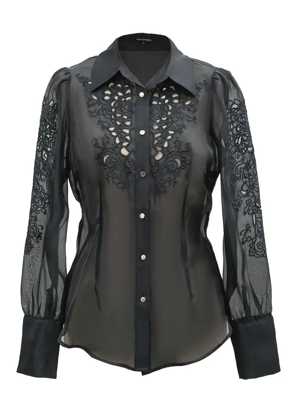 SMART AND JOY Embroidered Organza Blouse - Black