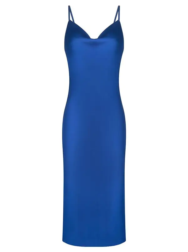URBAN TOUCH Cowl Neck Satin Slip Midi Dress - Blue