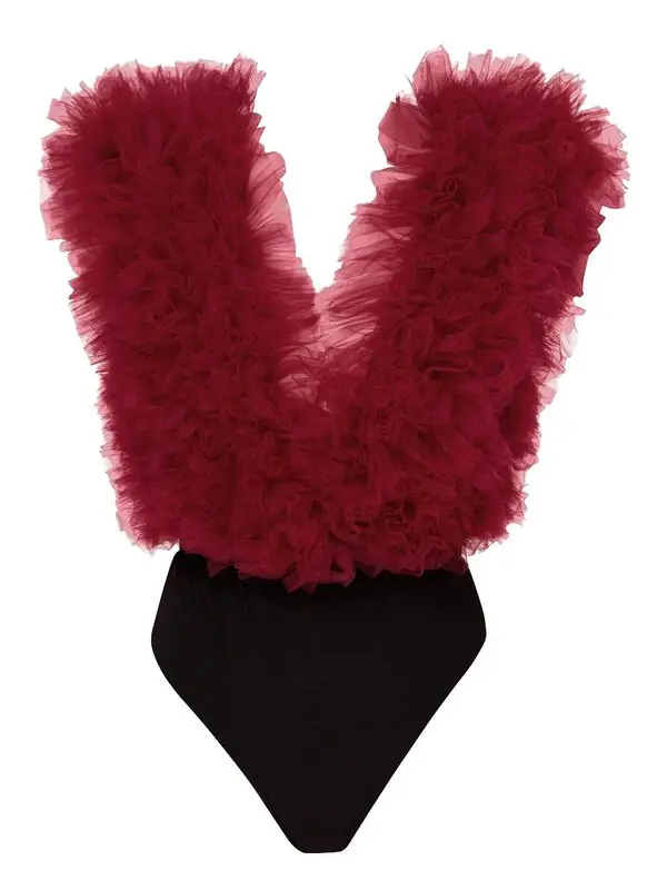 LIA ARAM Signature Ruffled Tulle Bodysuit - Red