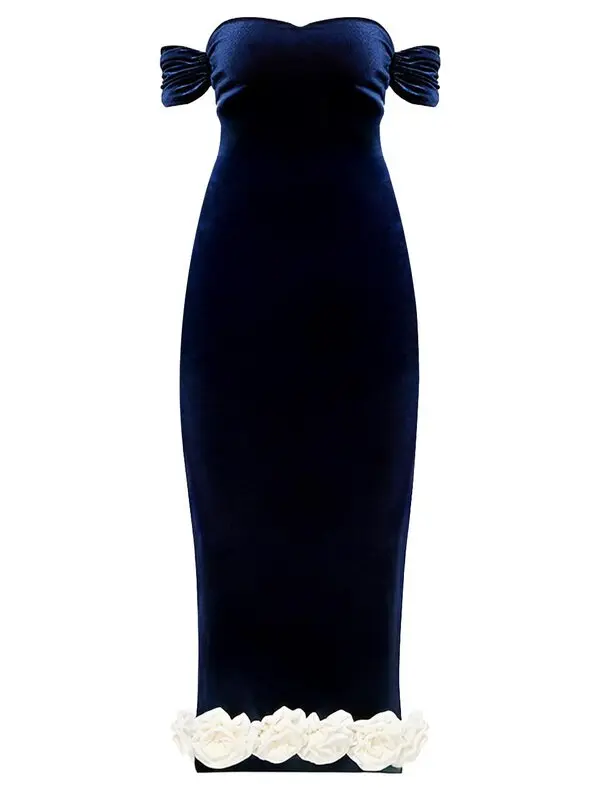 NUR KARAATA Velvet Midi Dress - Blue