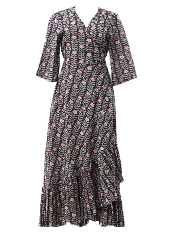 WILD ROSE Jua Floral Hand Block Print Wrap Dress - Black