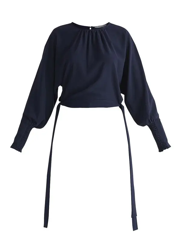 PAISIE Waist Tie Top With Shirred Cuffs - Blue