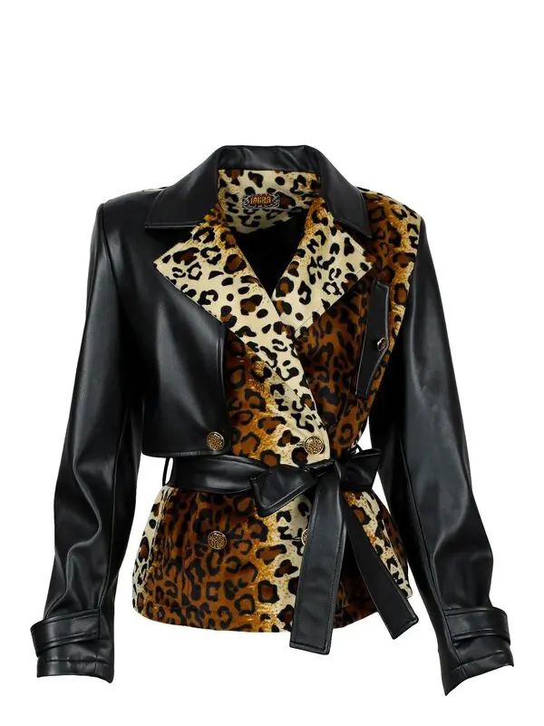 LALIPOP DESIGN Leopard Print Vegan Leather Trench Coat - Black