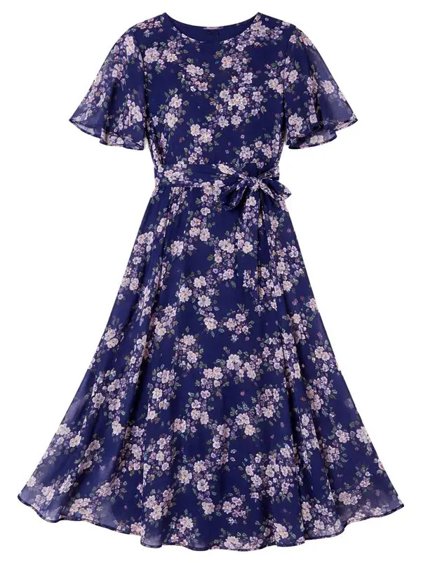 YUMI Blossom Print Midi Skater Dress - Blue