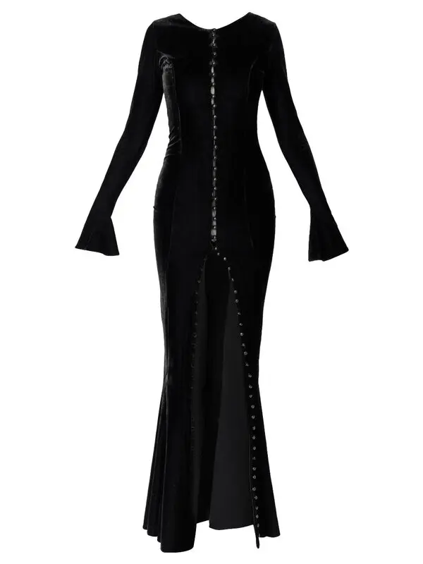 LIA ARAM Velvet Gown With Pearl Button Closure - Black