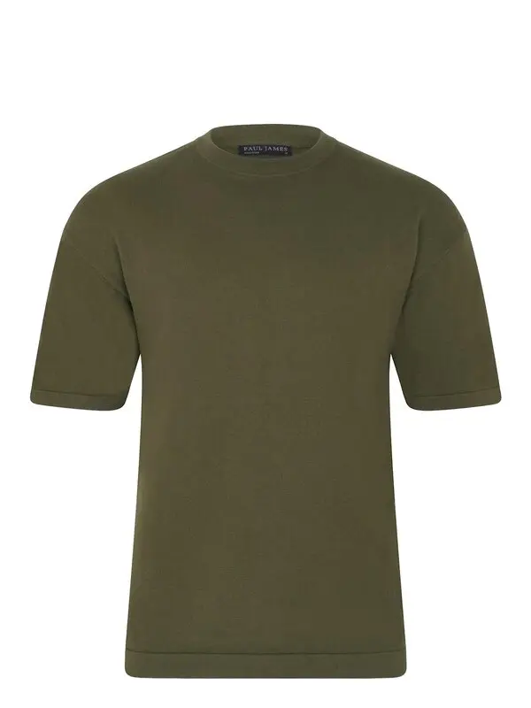 PAUL JAMES KNITWEAR Lightweight Cotton Ewan Oversized Knitted T-shirt Dark Olive - Green