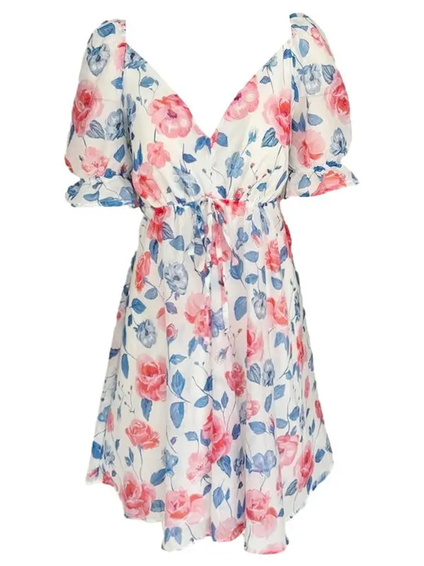 Haris Cotton Printed Mini Dress With Puff Sleeves - Blue/pink/white