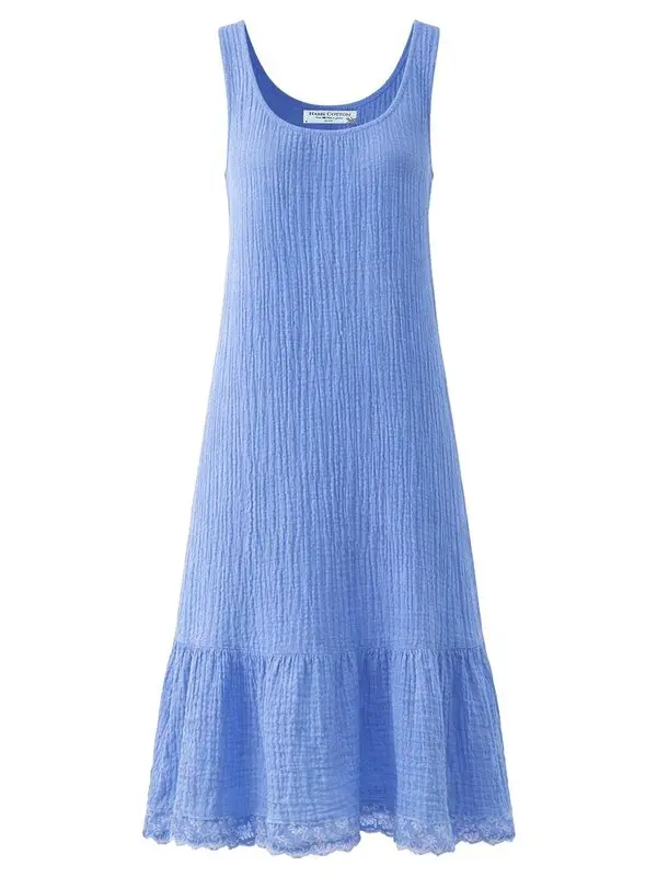 Haris Cotton Sleeveless Maxi Textured Cotton Dress With Lace Trim - Blue
