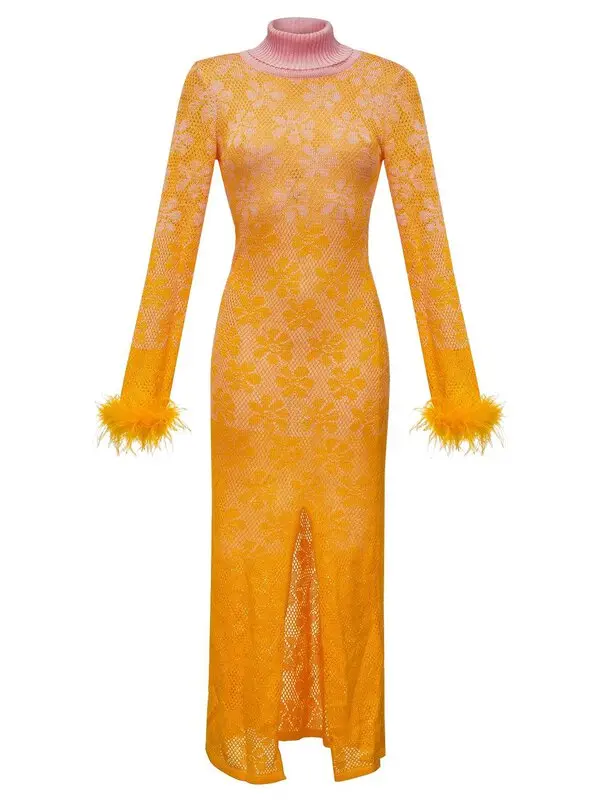 ANDREEVA Maxi Knit Dress With Handmade Knit Details - Yellow