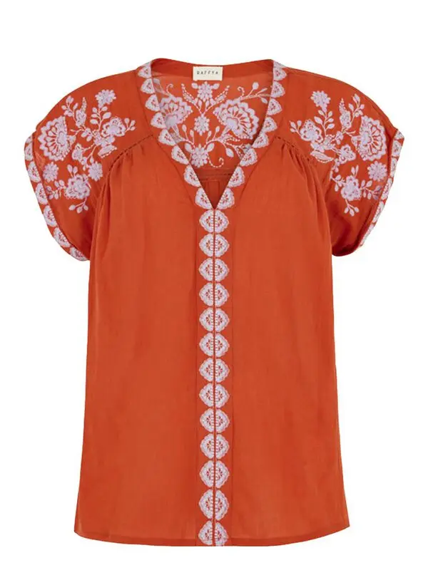 RAFFYA Luna Embroidered Blouse - Brown