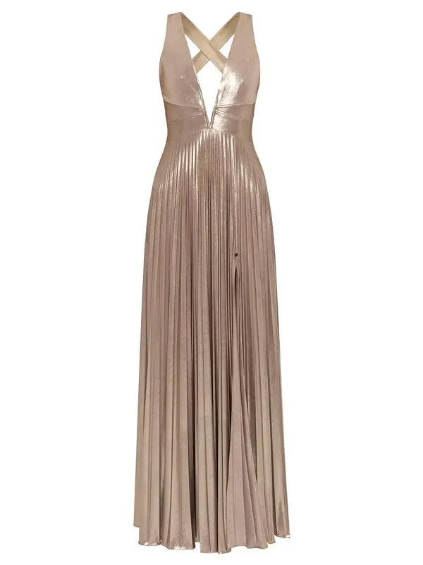 NISSA Pleated Metallic Maxi Dress - Gold