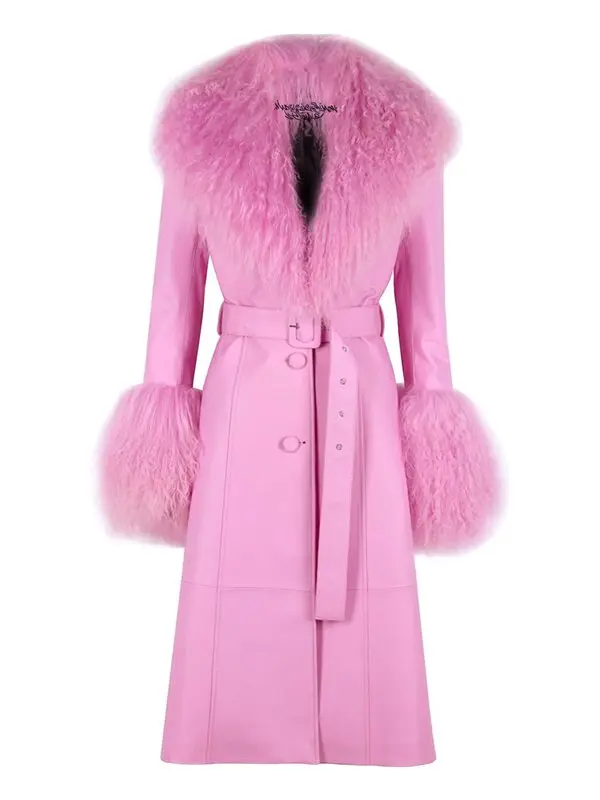 MADELEINE SIMON STUDIO Long Sheepskin Leather Trench Coat With Fur Poufs - Pink