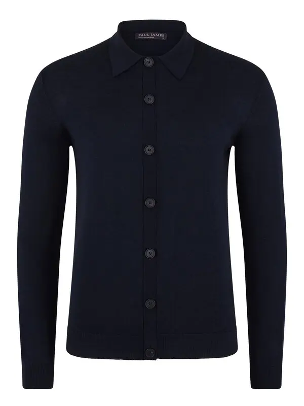 PAUL JAMES KNITWEAR Extra Fine Merino Wool Cassius Polo Cardigan - Blue