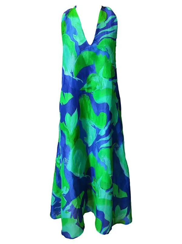 Haris Cotton Printed Linen Blend Maxi Dress With Cross Back Detail - Blue/green