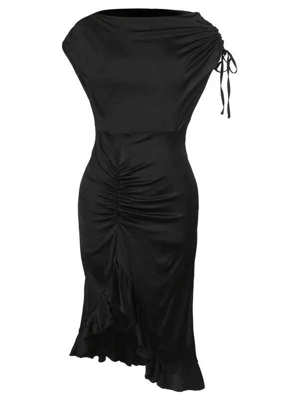 SMART AND JOY One-shoulder Ruffle Slit Fitted Dress - Black