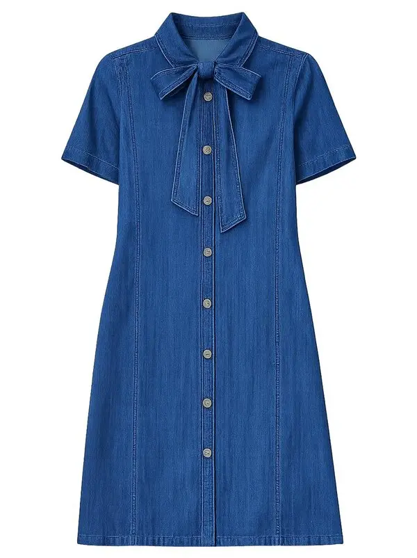 YUMI Chambray Tunic With Bow - Blue
