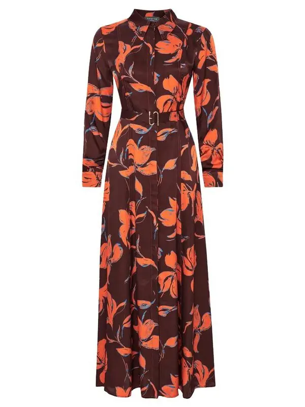 EXQUISE Floral Print Midi Shirtdress - Brown/orange/purple