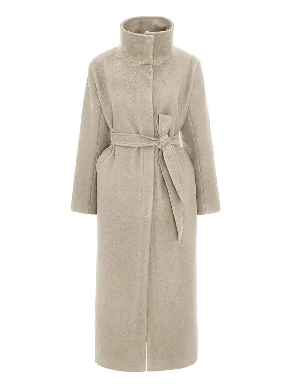BLUZAT Long Coat With High Collar And Belt - Beige