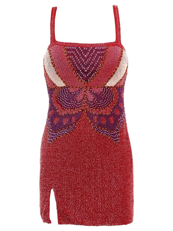 SELF-ADORE Butterfly Hand-beaded Embellished Mini Dress - Red