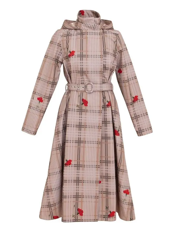RAINSISTERS Plaid Coat With Floral Accent And Detachable Hood - Beige