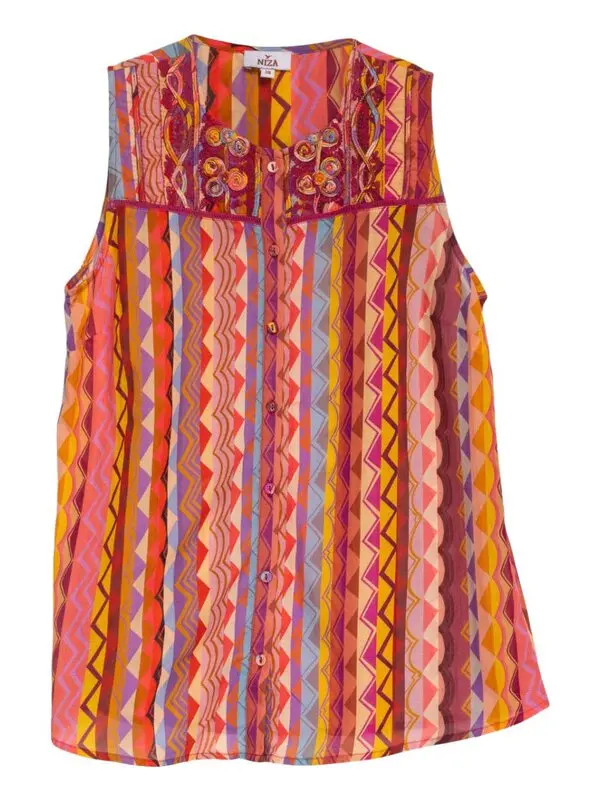 NIZA Geometric Print Sleeveless Blouse With Embroidered Yoke - Red