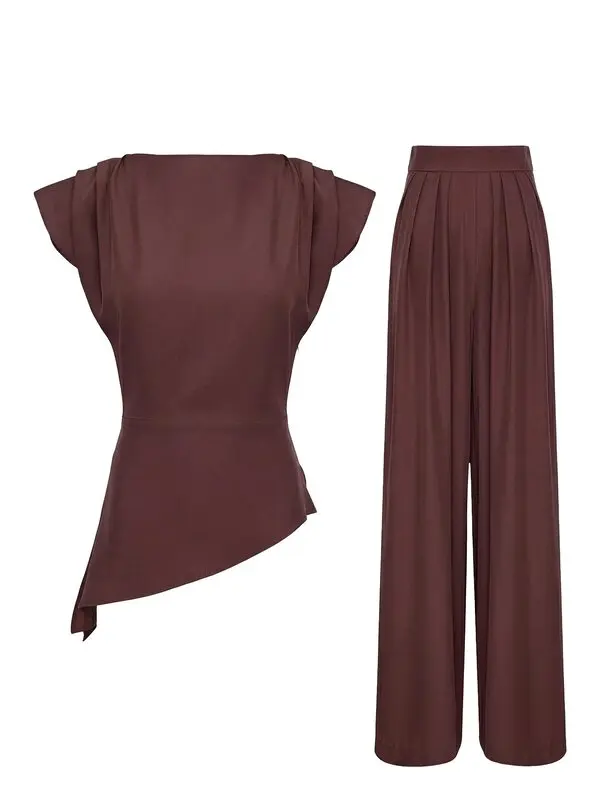BLUZAT Viscose Crepe Set With Structured Shoulder Top And Palazzo Pants - Brown