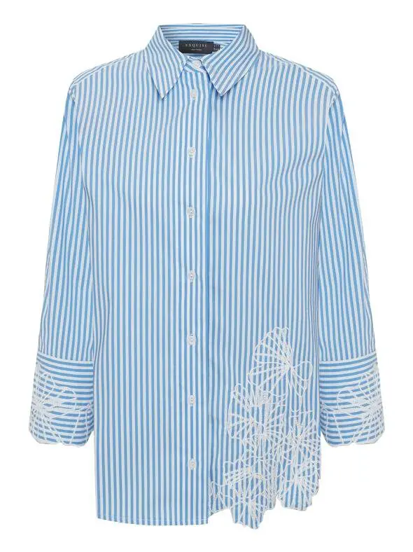 EXQUISE Floral Embroidered Striped Shirt - Blue/white