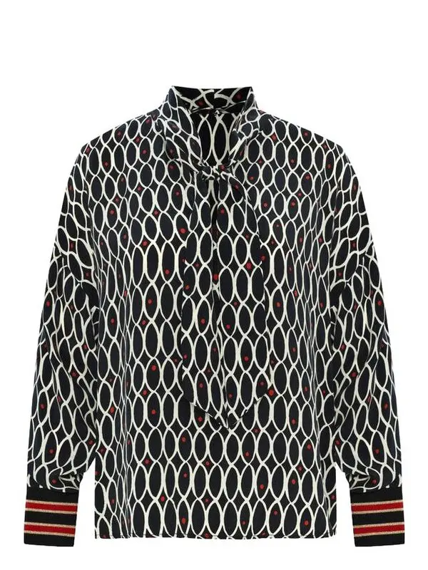 EXQUISE Geometric Patterned Tie Neck Blouse - Black/white