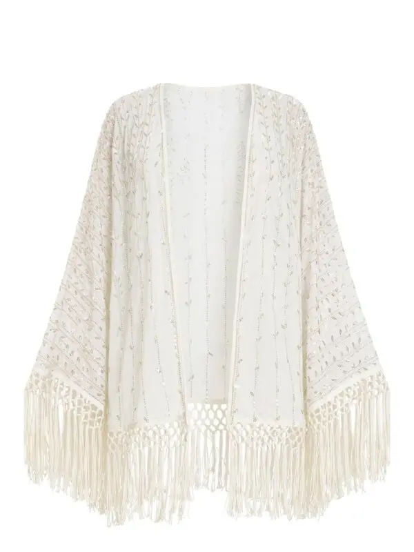 ROSE & NANCY Hand Embellished Fringe Trim Kimono - White
