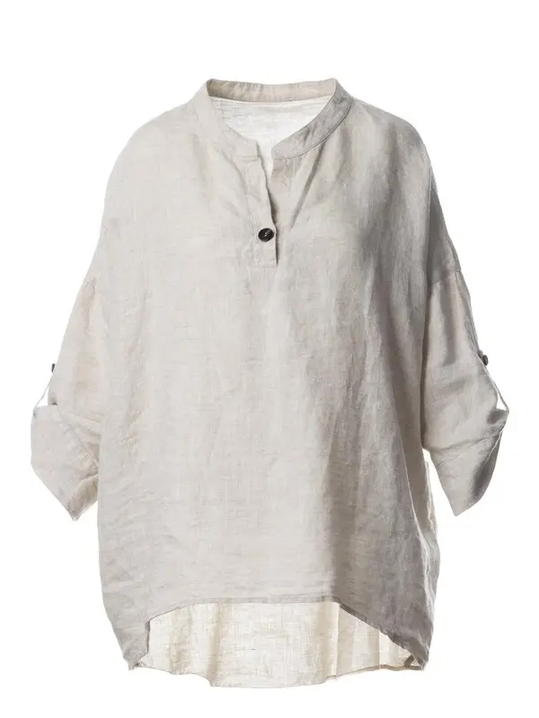 JANA COSHÈ Oversized Linen Shirt With Mandarin Collar - White