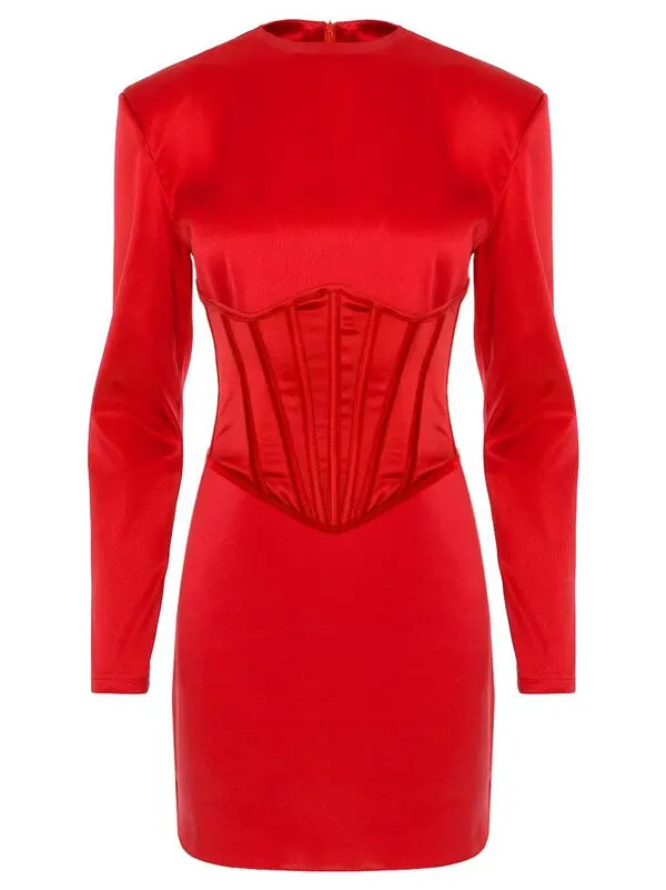 BLUZAT Satin Mini Dress With Corset - Red