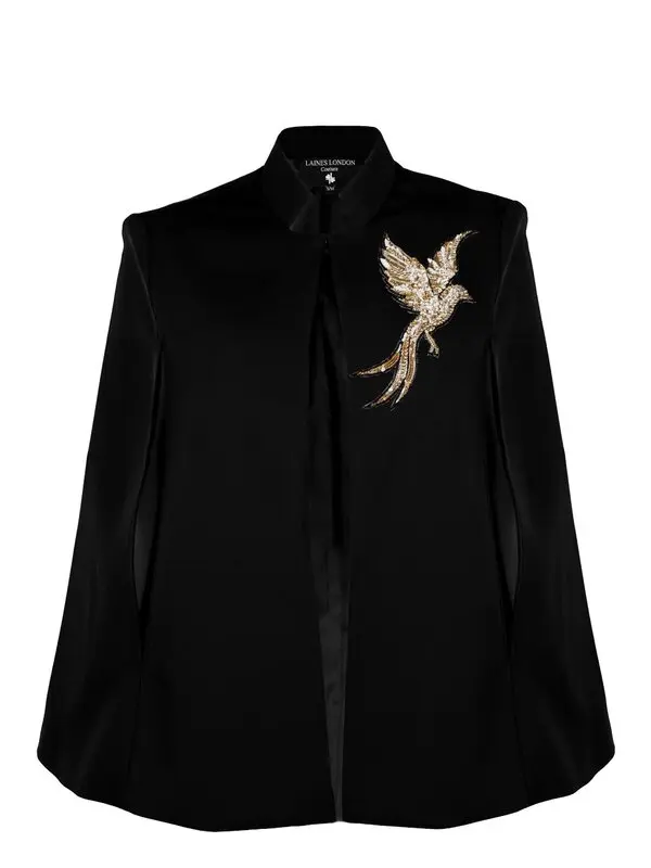 LAINES LONDON Couture Tailored Cape With Embellished Bird Of Paradise - Black