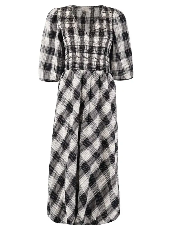 ROSE & NANCY Cotton Check Smocked Midi Dress - Black/white/grey