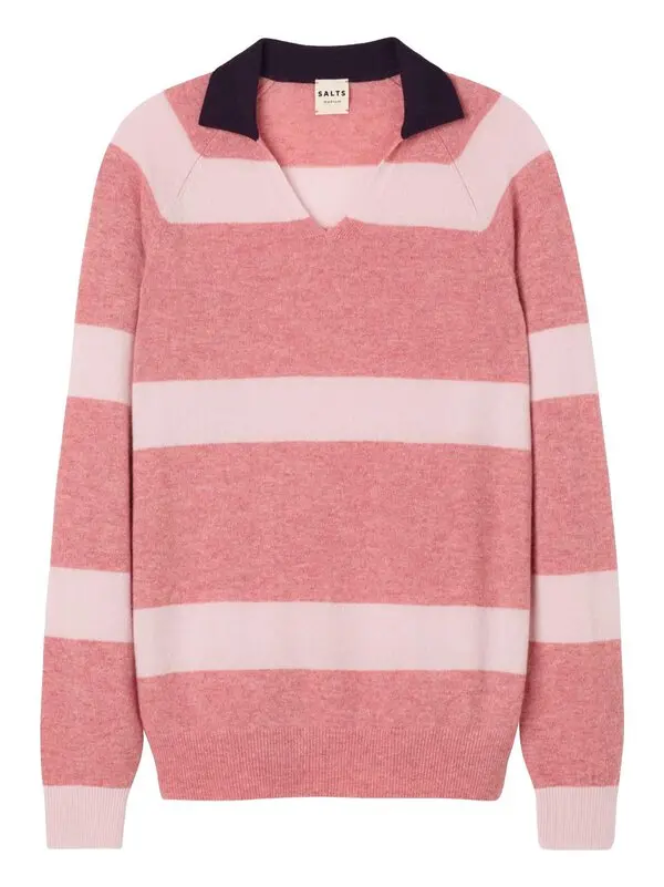 SALTS CASHMERE Split Neck Striped Cashmere Sweater - Pink