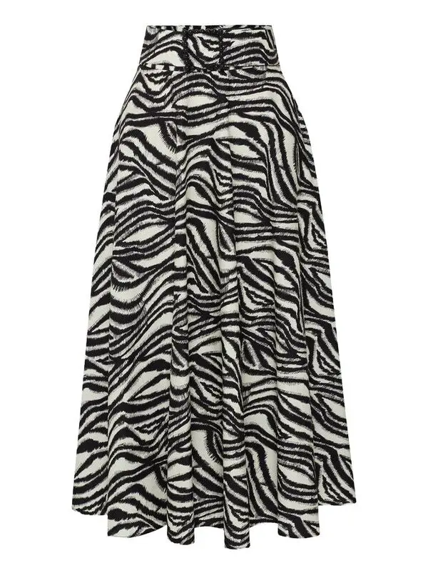 EXQUISE Zebra Print Buckled Cotton Midi Skirt - Black