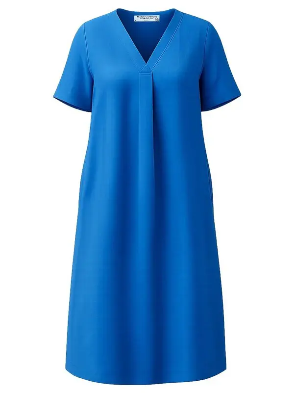 Haris Cotton Notched Neckline Linen Dress With Batwing Sleeves - Blue