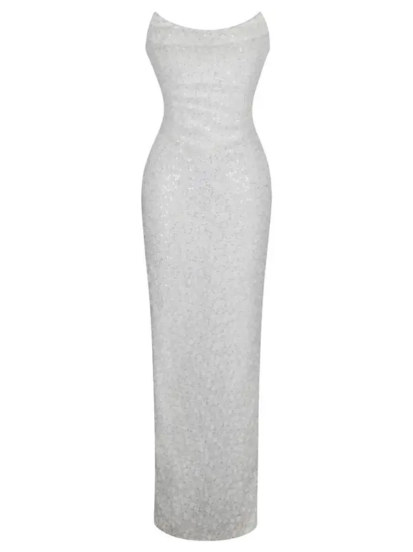 MISS CIRCLE NEW YORK Myra Beaded Mesh Strapless Maxi Dress - White