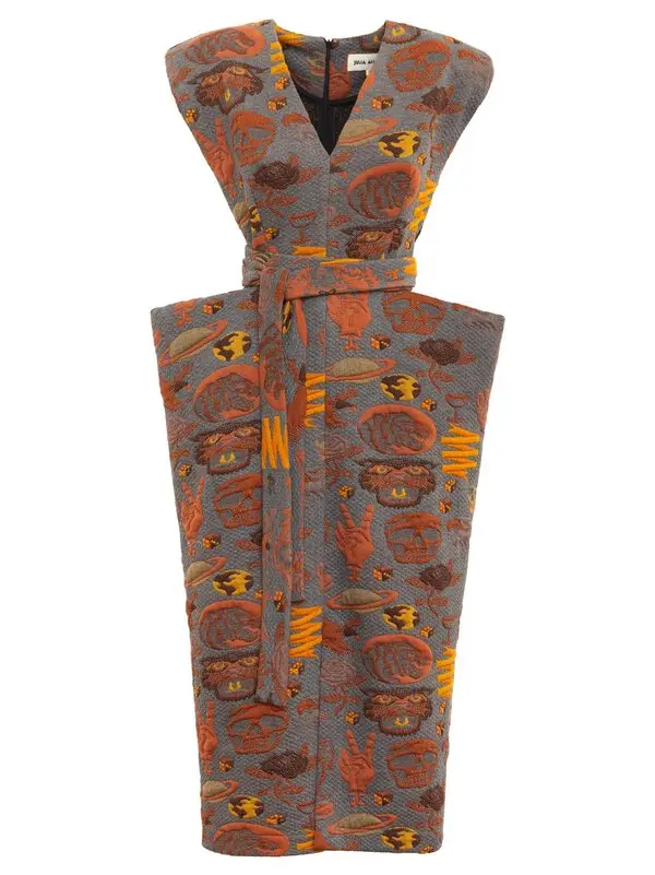 JULIA ALLERT Jacquard Midi Dress With Belt - Grey