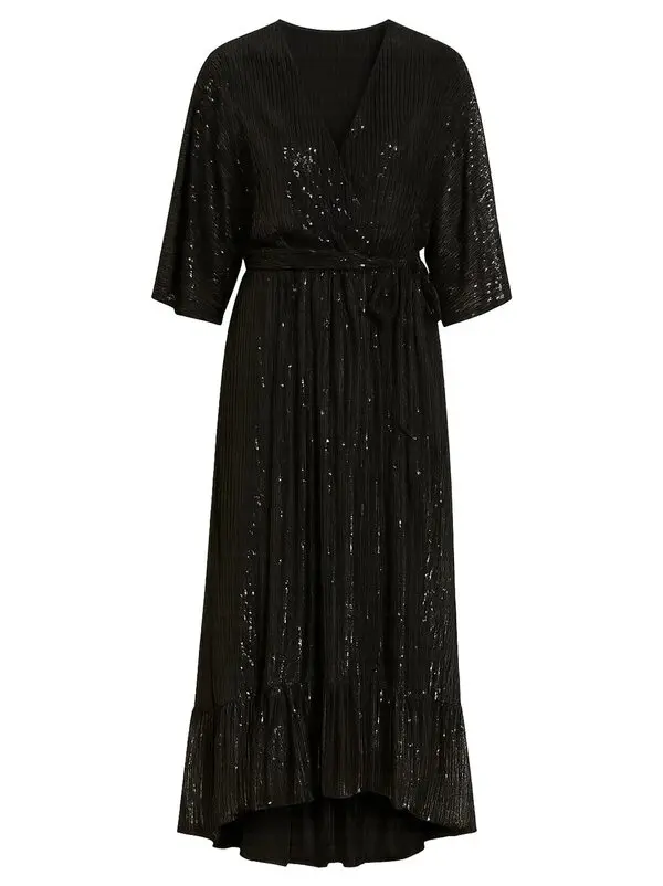 YUMI Sequin Kimono Midi Wrap Dress - Black
