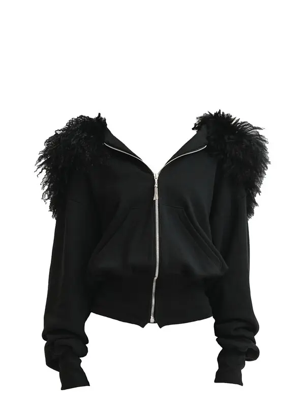 GALLERIADELE Mongolian Fur Trimmed Hoodie - Black