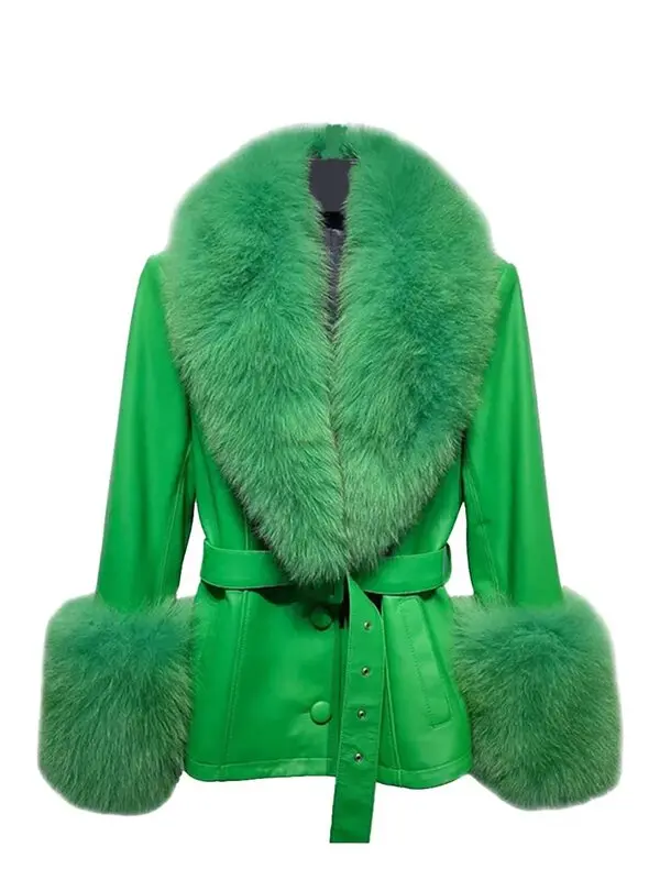 MADELEINE SIMON STUDIO Sheepskin Leather Jacket With Fur Poufs - Green