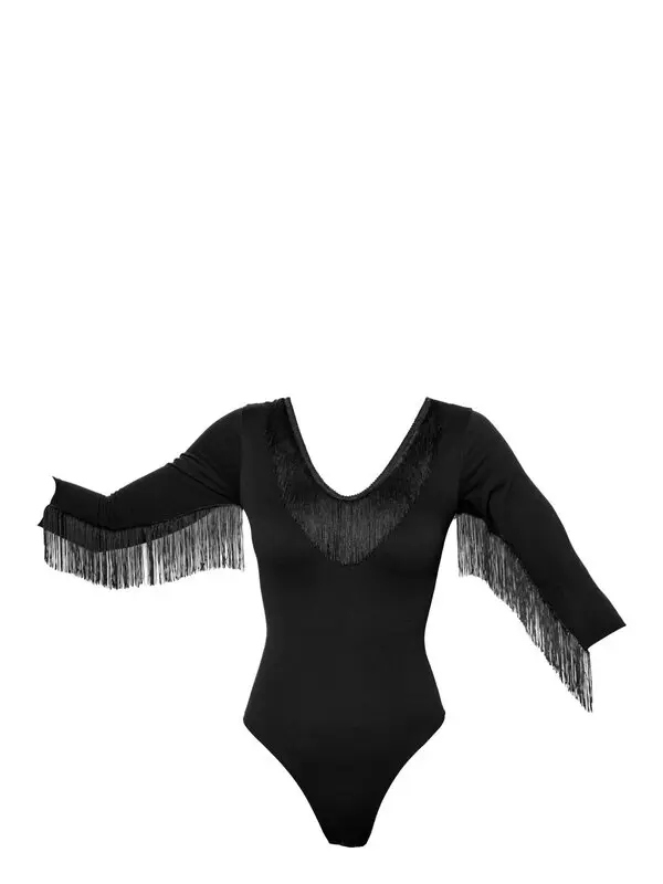NO COMMENT Sauvage Fringed Bodysuit V-neck 3/4 Sleeve - Black