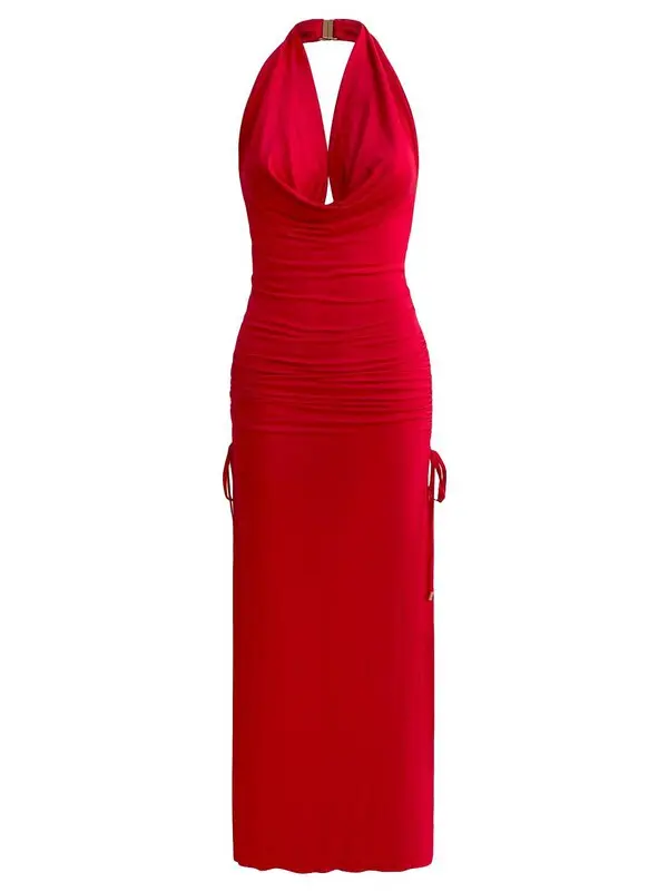 WHY MARY Venus Cowl Neck Halter Bamboo Jersey Maxi Dress - Red